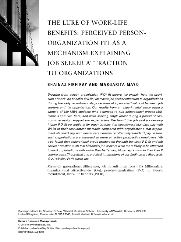 (PDF) The Lure of Work-Life Benefits: Perceived Person-Organization Fit ...