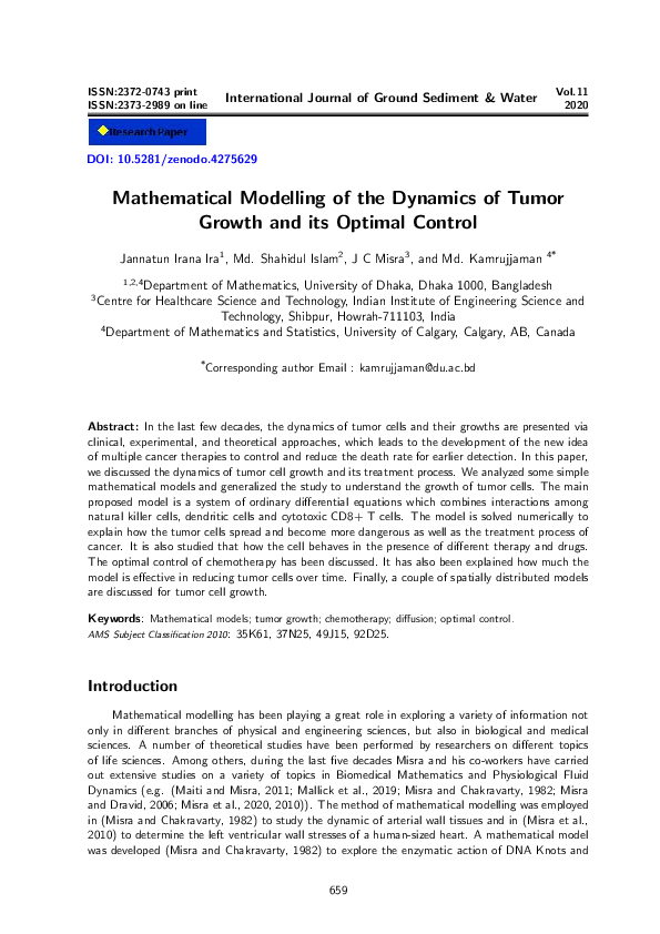 (PDF) Mathematical Modelling of the Dynamics of Tumor Growth and its Optimal Control