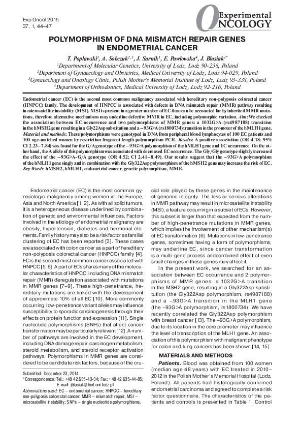 (PDF) Polymorphism of Dna Mismatch Repair Genes in Endometrial Cancer