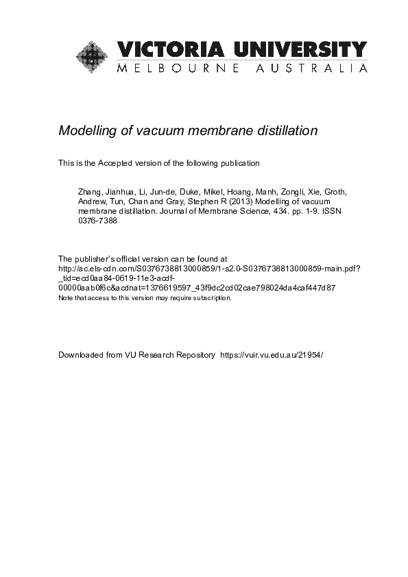 (PDF) Modelling of vacuum membrane distillation