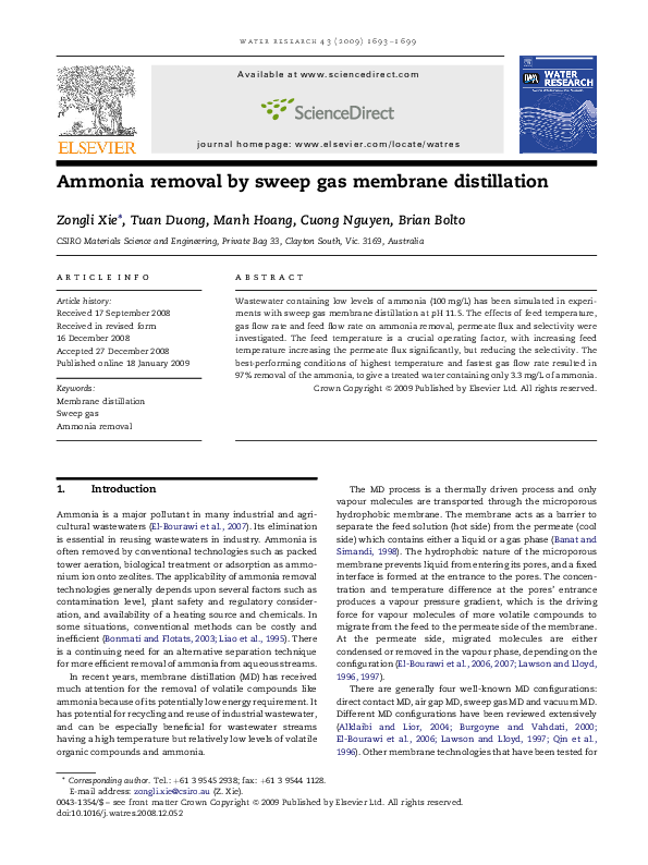 (PDF) Ammonia removal by sweep gas membrane distillation