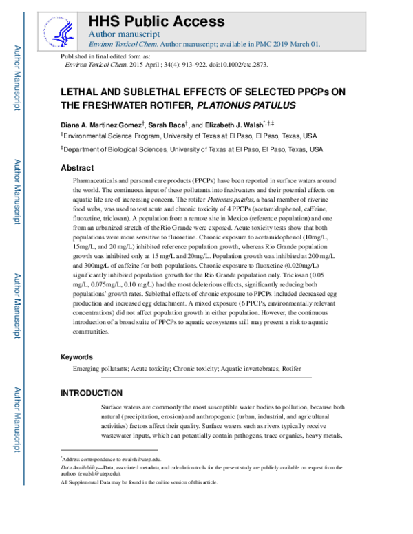 (PDF) Impacts of PPCPs on Growth of Plationus patulus Rotifers