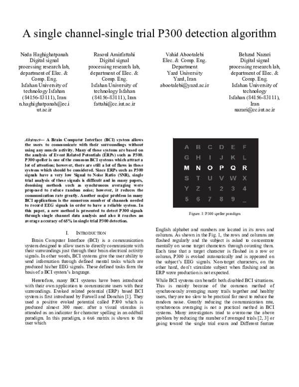 (PDF) A single channel-single trial P300 detection algorithm