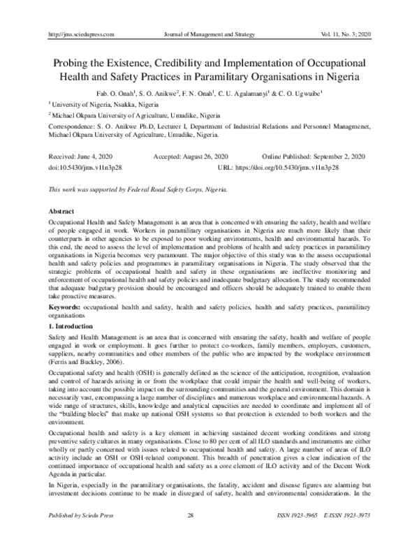 (PDF) Probing the Existence, Credibility and Implementation of Occupational Health and Safety ...
