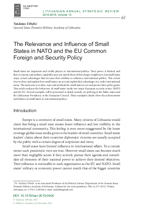 (PDF) The Relevance and Influence of Small States in NATO and the EU ...
