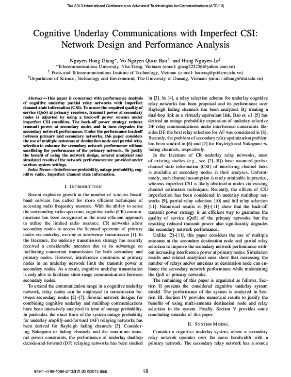 (PDF) Cognitive underlay communications with imperfect CSI: Network design and performance analysis