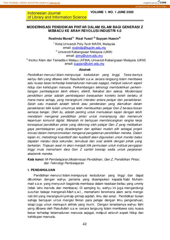 (PDF) Modernisasi Pendidikan Pintar dalam Islam Bagi Generasi Z Memacu ke Arah Revolusi Industri 4.0
