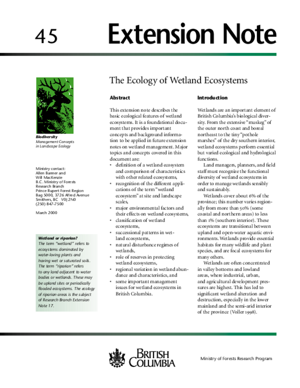(PDF) The ecology of wetland ecosystems