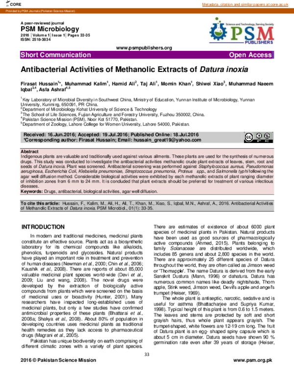 (PDF) Antibacterial Activities of Methanolic Extracts of Datura inoxia