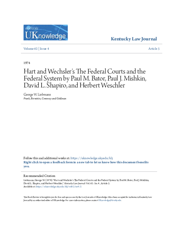 (PDF) Hart and Wechsler\u27s The Federal Courts and the Federal System ...