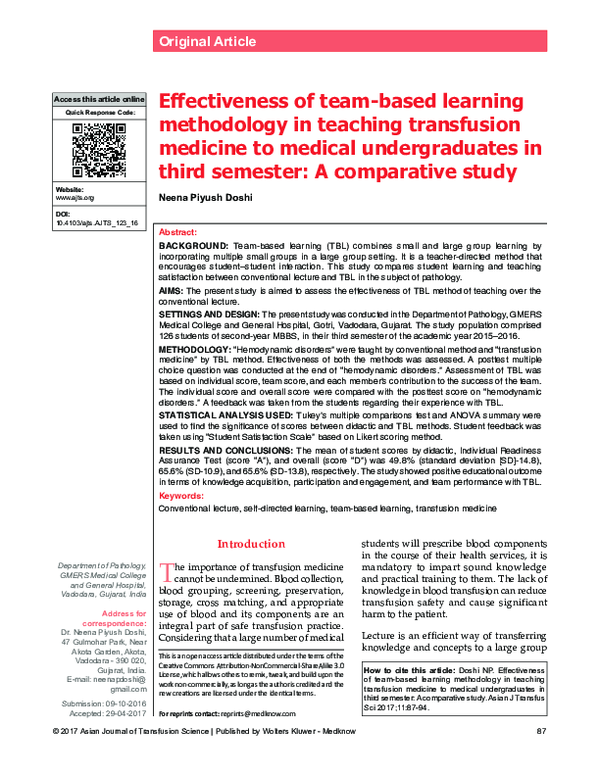 (PDF) Effectiveness of team-based learning methodology in teaching transfusion medicine to ...