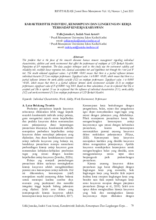 (PDF) Karakteristik Individu, Kemampuan Dan Lingkungan Kerja Terhadap Kinerja Karyawan