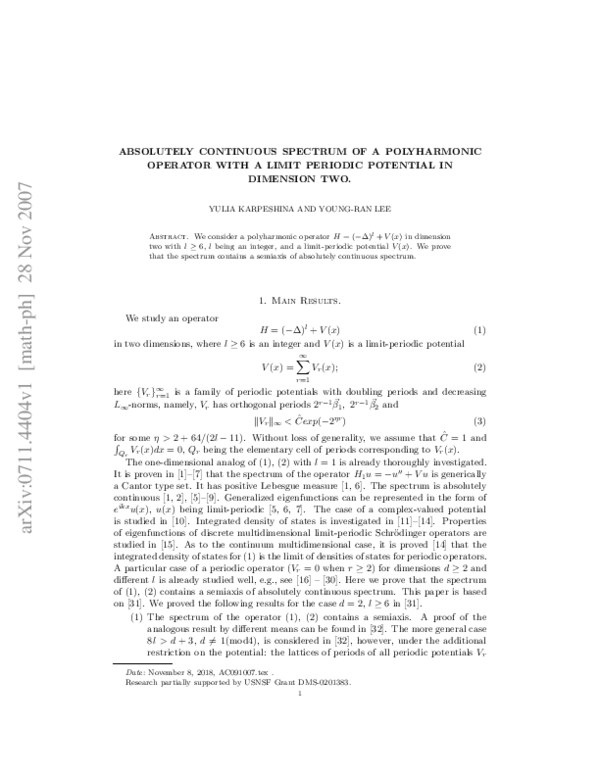 (PDF) Absolutely Continuous Spectrum of a Polyharmonic Operator with a ...