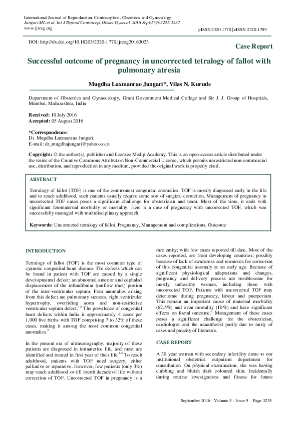 (PDF) Successful outcome of pregnancy in uncorrected tetralogy of fallot
