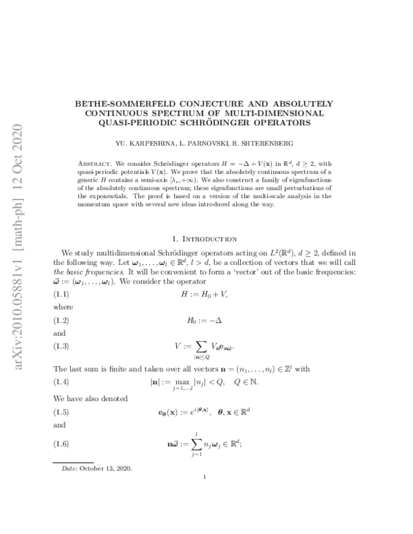 (PDF) Bethe-Sommerfeld Conjecture and Absolutely Continuous Spectrum of Multi-Dimensional Quasi ...