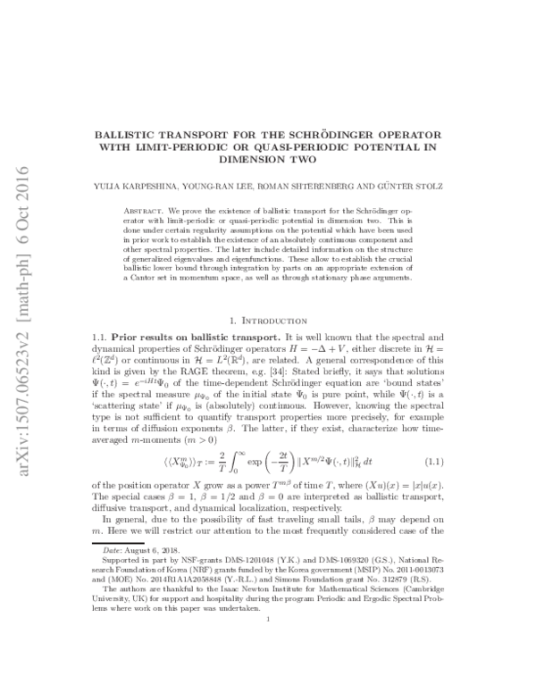 (PDF) Ballistic Transport for the Schrödinger Operator with Limit ...