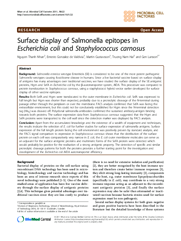 (PDF) Surface display of Salmonella epitopes in Escherichia coli and ...