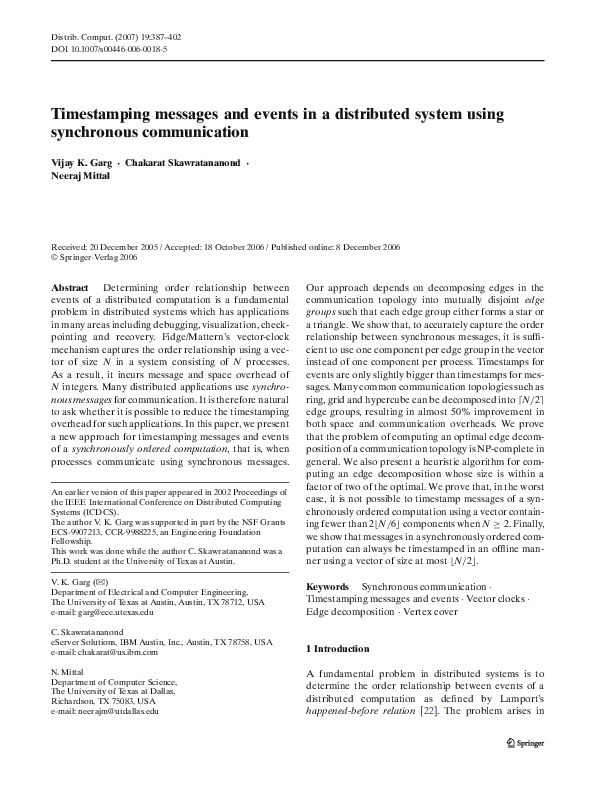 Pdf Timestamping Messages And Events In A Distributed System Using Synchronous Communication