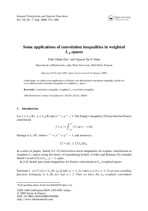 Pdf Some Applications Of Convolution Inequalities In Weightedlpspaces