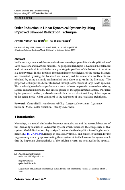 (PDF) Order Reduction in Linear Dynamical Systems by Using Improved Balanced Realization Technique