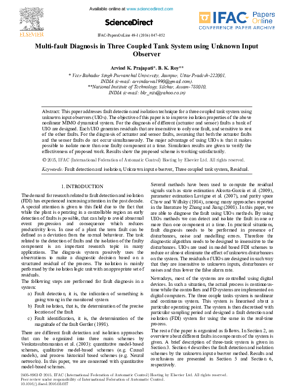 (PDF) Multi-fault Diagnosis in Three Coupled Tank System using Unknown Input Observer
