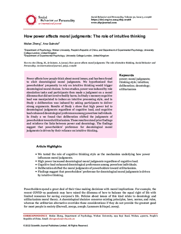 (PDF) How power affects moral judgments: The role of intuitive thinking