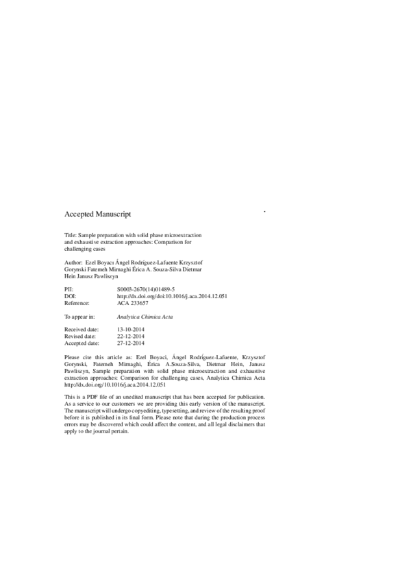 Pdf Sample Preparation With Solid Phase Microextraction And Exhaustive Extraction Approaches