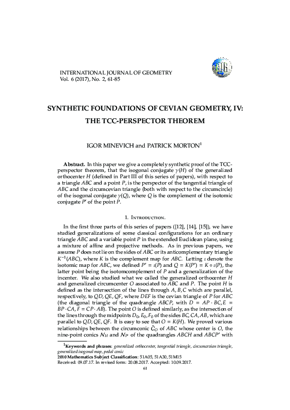 (PDF) Synthetic foundations of cevian geometry, IV: the TCC-perspector ...