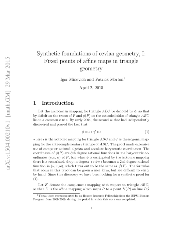 (PDF) Synthetic foundations of cevian geometry, I: fixed points of ...