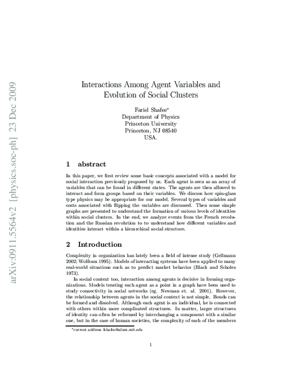 (PDF) Interactions Among Agent Variables and Evolution of Social Clusters