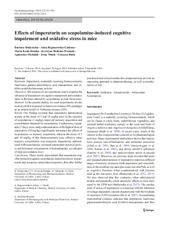 (PDF) Effects of imperatorin on scopolamine-induced cognitive impairment and oxidative stress in ...