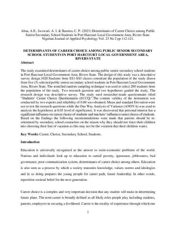 (PDF) DETERMINANTS OF CAREER CHOICE AMONG PUBLIC SENIOR SECONDARY ...