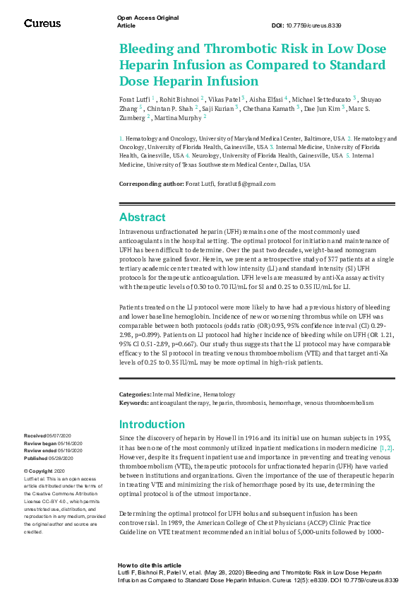 (PDF) Bleeding and Thrombotic Risk in Low Dose Heparin Infusion as ...