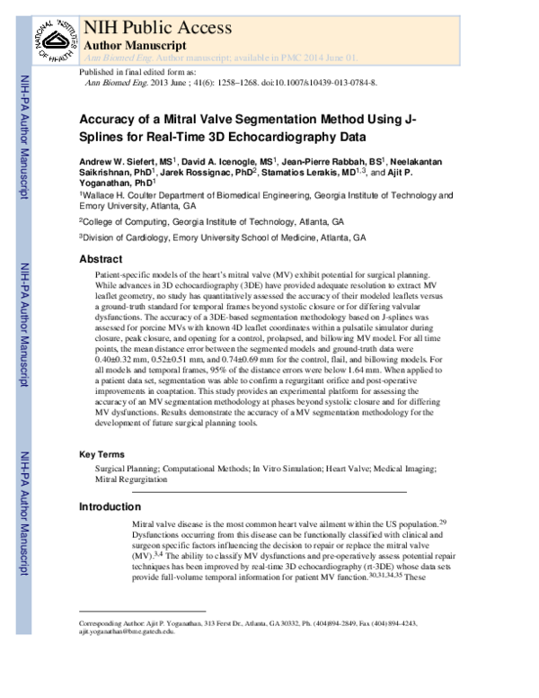 (PDF) Accuracy of a Mitral Valve Segmentation Method Using J-Splines for Real-Time 3D ...