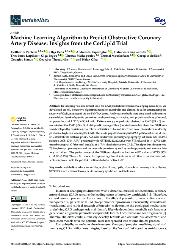 (PDF) Machine Learning Algorithm to Predict Obstructive Coronary Artery Disease: Insights from ...