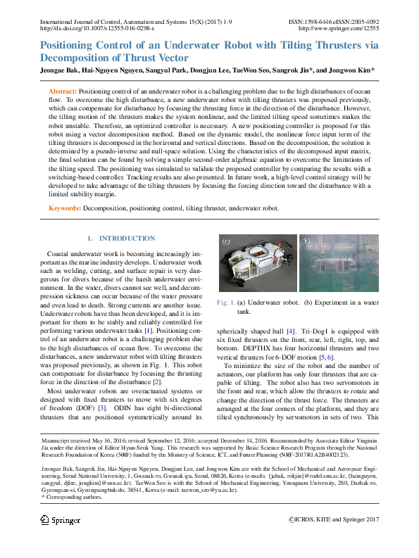 (PDF) Positioning control of an underwater robot with tilting thrusters ...