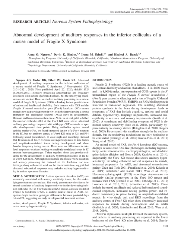 (PDF) Abnormal development of auditory responses in the inferior colliculus of a mouse model of ...