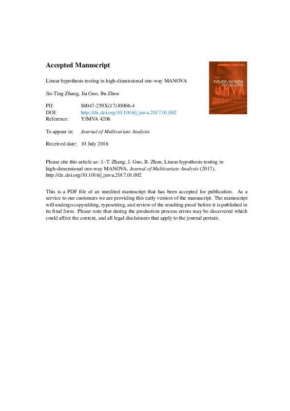 Pdf Linear Hypothesis Testing In High Dimensional One Way Manova