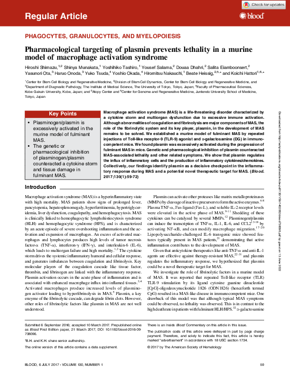 (PDF) Pharmacological targeting of plasmin prevents lethality in a ...
