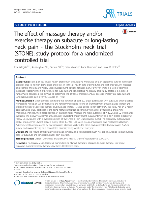 (PDF) The effect of massage therapy and/or exercise therapy on subacute ...
