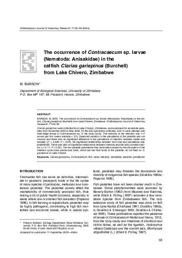 (PDF) The occurrence of Contracaecum sp. larvae (Nematoda : Anisakidae ...