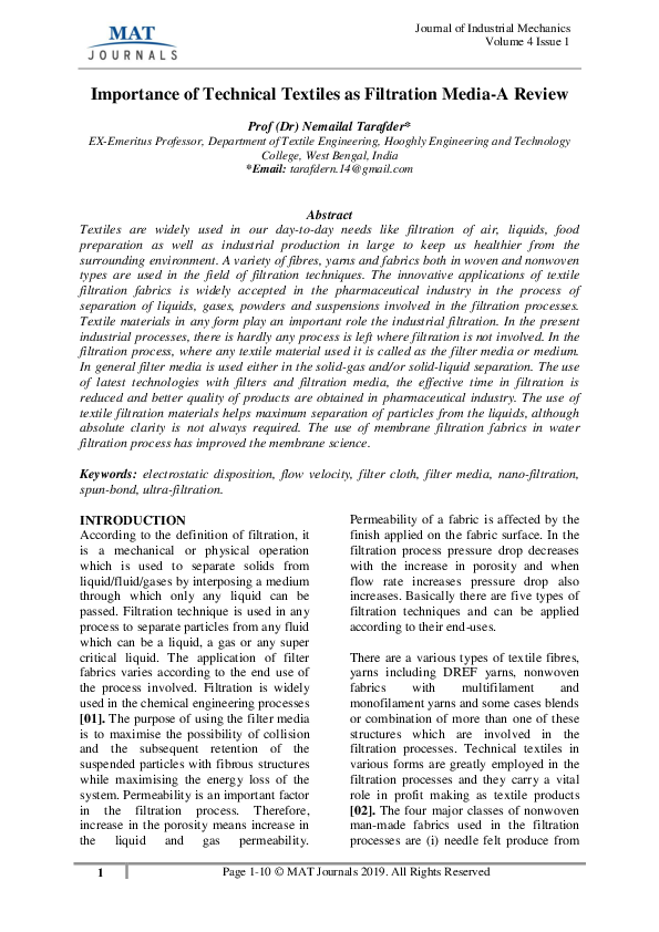 (PDF) Importance of Technical Textiles as Filtration Media-A Review