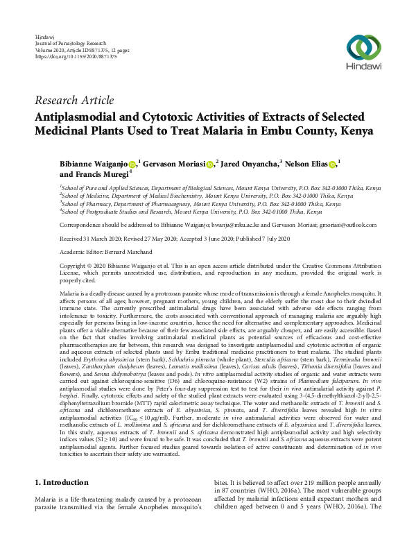 (PDF) Antiplasmodial and Cytotoxic Activities of Extracts of Selected ...