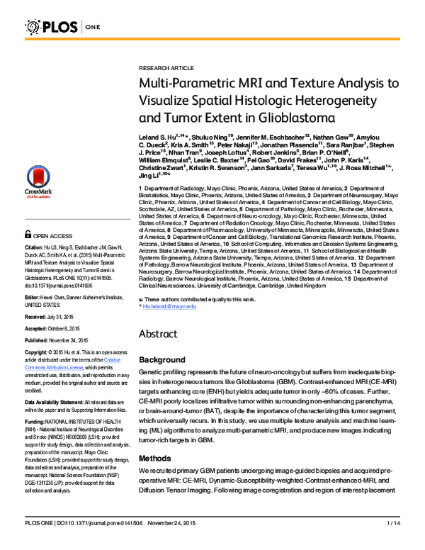 (PDF) Multi-Parametric MRI and Texture Analysis to Visualize Spatial Histologic Heterogeneity ...
