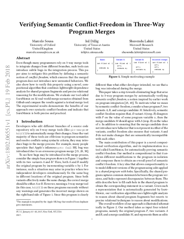 (PDF) Verifying Semantic Conflict-Freedom in Three-Way Program Merges