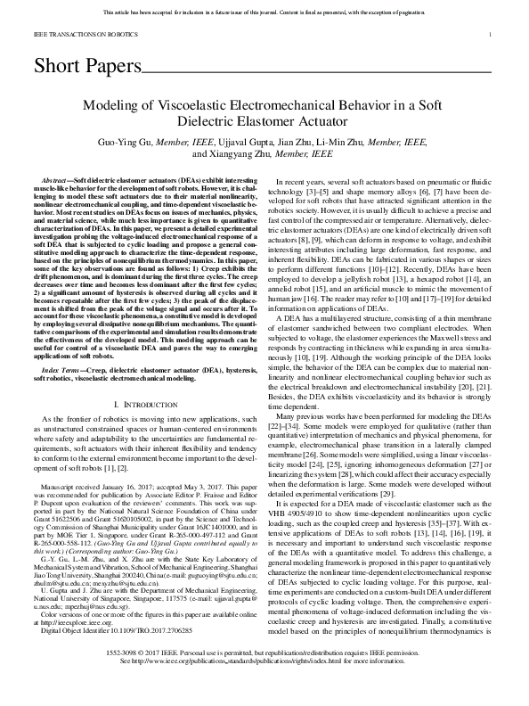 (PDF) Modeling of Viscoelastic Electromechanical Behavior in a Soft Dielectric Elastomer Actuator