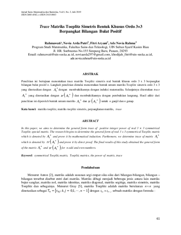 (PDF) Trace Matriks Toeplitz Simetris Bentuk Khusus Ordo 3×3 Berpangkat ...