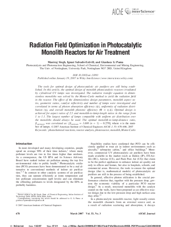 (PDF) Radiation field optimization in photocatalytic monolith reactors for air treatment