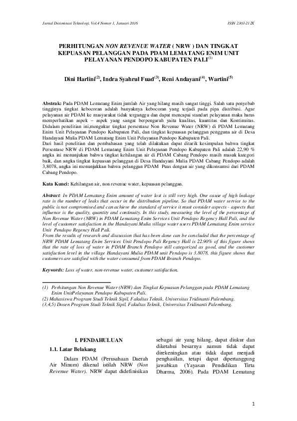 (PDF) Perhitungan Non Revenue Water ( NRW ) Dan Tingkat Kepuasan ...