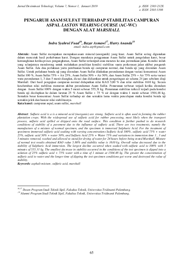 (PDF) Pengaruh Asam Sulfat Terhadap Stabilitas Campuran Aspal Laston ...